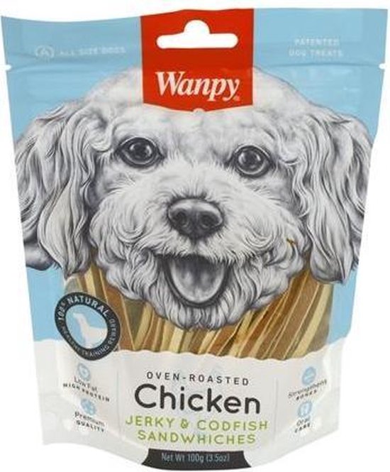 Wanpy oven-roasted chicken jerky / codfish sandwiches 3x100 gram | bol