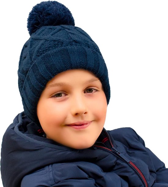Warme Fleece Gevoerde Muts Jongens Marineblauw met Pompon Winter | bol