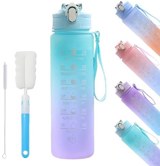 Sportwaterfles met Rietje en Tijdmarkeringen - Lekvrije 750ml Waterfles ...
