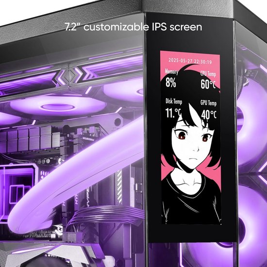 Boîtier ATX Gaming PC avec écran IPS 7,2" et verre trempé | bol