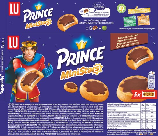Prince Mini Stars koekjes - melkchocolade vulling - 5 pakjes 16 x 187 g ...