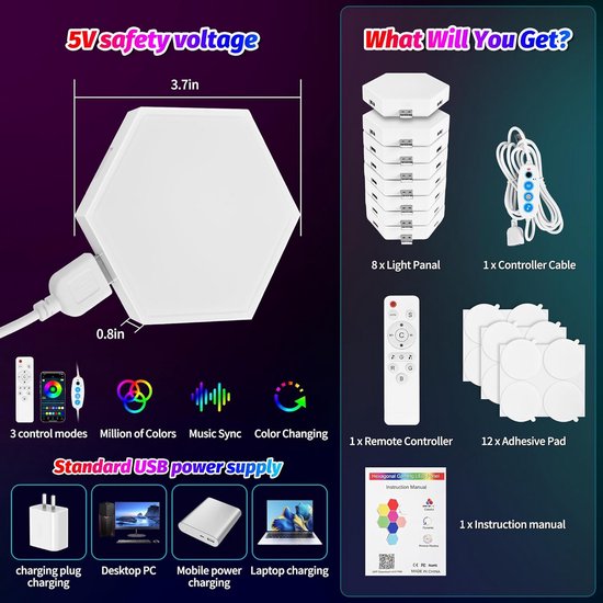 Hexagon RGBW LED Wandlampen met Afstandsbediening en App Control - 8 ...