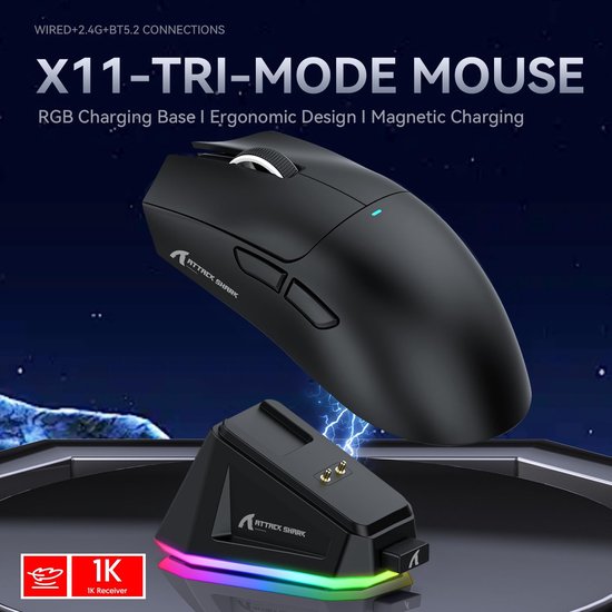 ATTACK SHARK X11 - RGB Gaming Muis - Magnetisch Oplaaddock - PAW 3311 ...