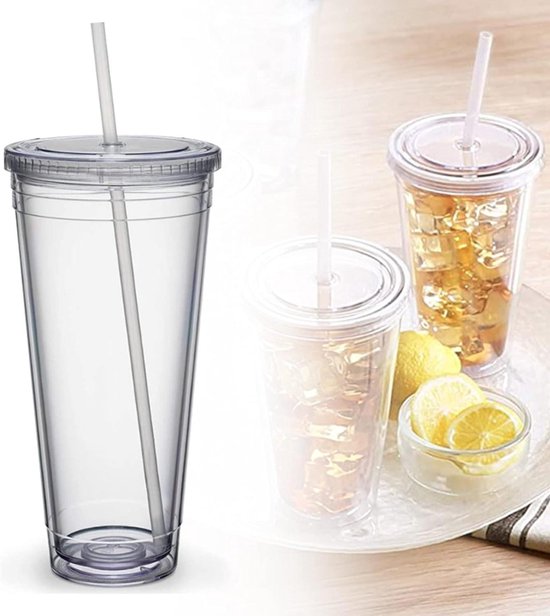 All4You - Dubbellaagse Plastic Reisbeker met Rietje - Voor Vruchtensap ...