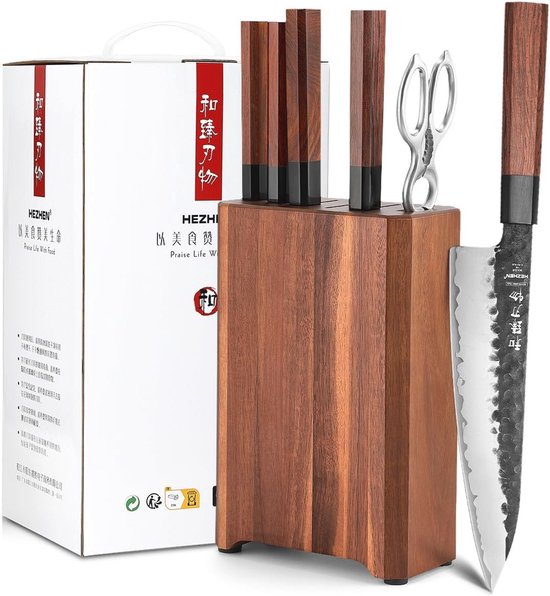 Messen Set Met Houten Blok en Keukenschaar - Composiet Staal, Chef ...