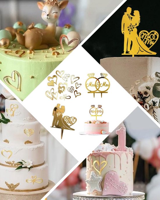 10x Gouden Hart Taarttopper Acryl - Decoratie voor Bruiloft, Jubileum ...