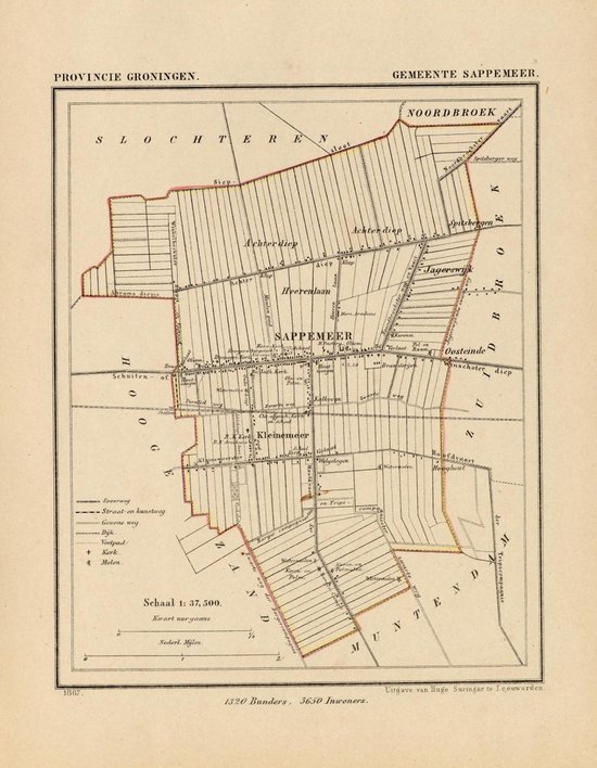 Historische kaart, plattegrond van gemeente Sappemeer in Groningen uit ...