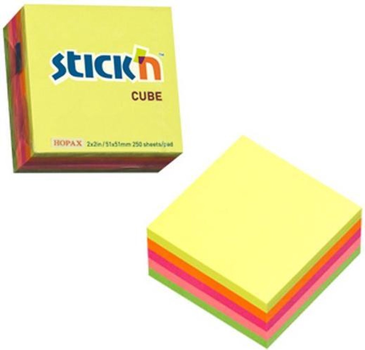 Stick'n Kubus - 50x50mm, neon ass. 5 kleuren, 250 sticky notes | bol.com