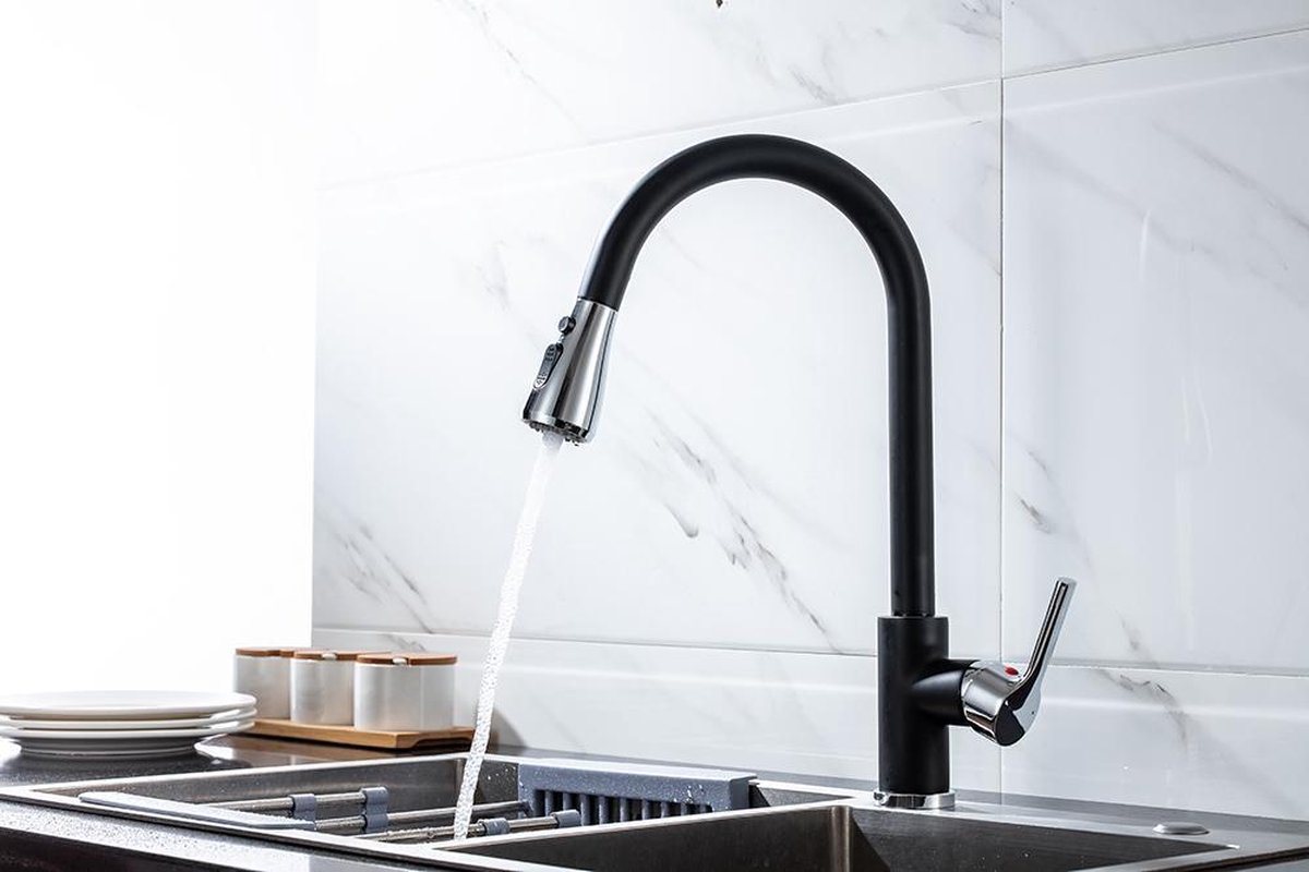 Keukenkraan - Zwart Chroom – kraan – mengkraan - uittrekbare uitloop - 12% water... | bol.com