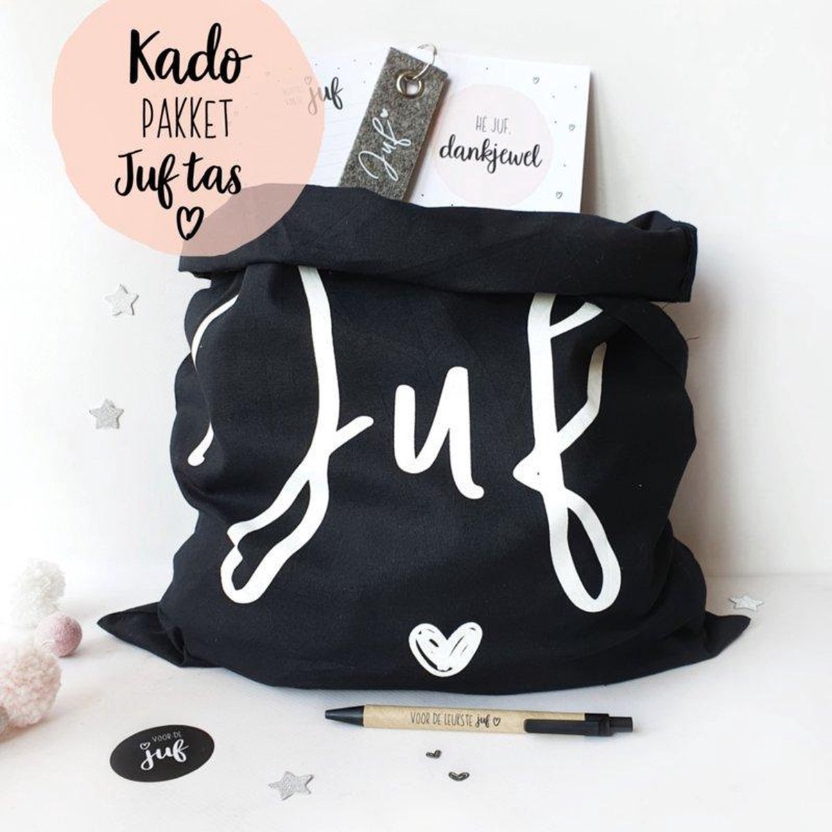 Juf cadeautjes - cadeau juf - 5 cadeautjes juf tas zwart - juf bedankt ...