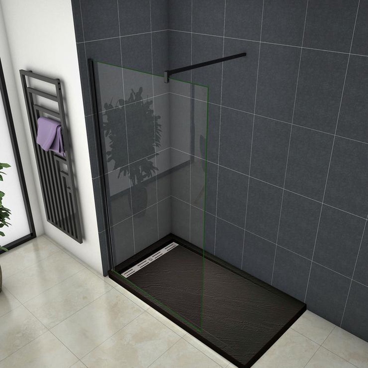 vrijstaande inloopdouche,60x200cm, zwart omlijst, 8mm transparant ...