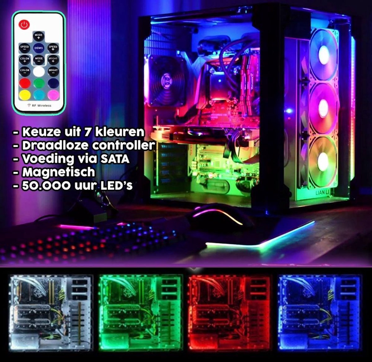 Computer behuizing LED strip RGB 50 cm - 7 kleuren, magnetisch ...