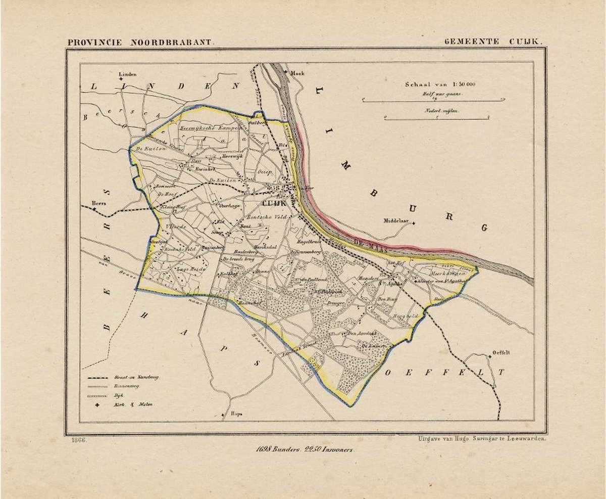 Historische kaart, plattegrond van gemeente Cuijk in Noord Brabant uit ...
