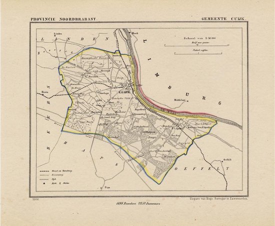 Historische kaart, plattegrond van gemeente Cuijk in Noord Brabant uit ...