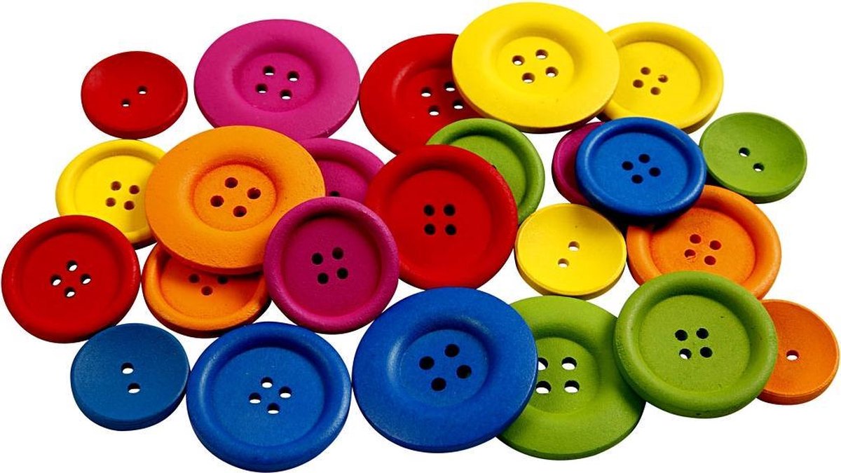 Houten knopen, d: 25-40 mm, kleuren assorti, 2-4 gaten, 144 assorti | bol