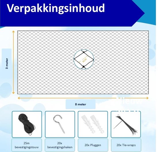V&F® Kattennet - Balkonnet - 8x3m - Zwart - INCLUSIEF Haken, Tie-wraps ...