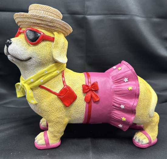 Decoratief polyresin beeld ''Tropische hond met roze rok "- meerkleurig ...