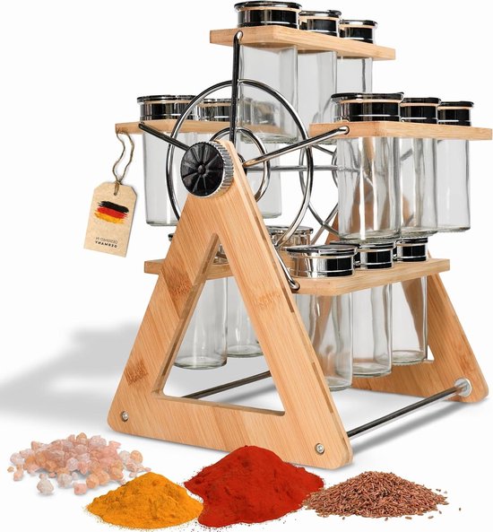Spice Rack Swivel Carousel with 15 Spice Jars - Wood Spice Stand ...