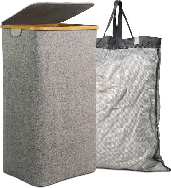 Wasmand met Deksel | 103 liter | Opvouwbaar | Stof en Bamboe ...