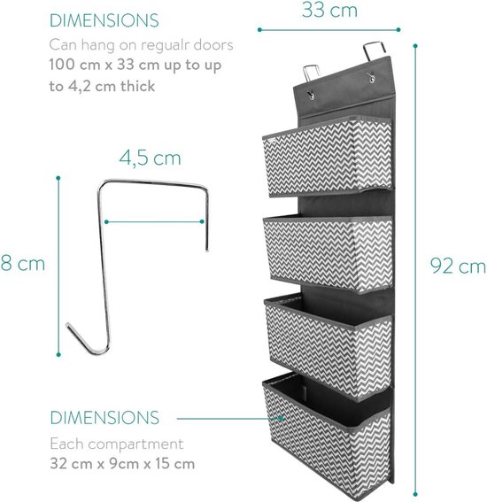deurrek met 4 opbergvakken - Stoffen opbergrek - Voor op te hangen aan ...