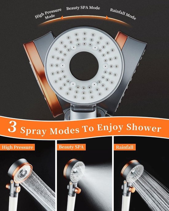 Douchekop met Filter - Waterbesparend - Hogedruk - 3 Straalsoorten ...