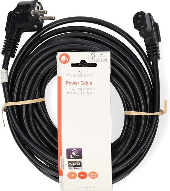 Nedis Stroomkabel – Type F naar C13 – Gehoekt – 10 m – 230V – Zwart | bol