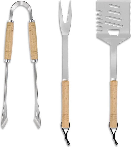 3-delige BBQ grillbestek-set met grilltang-spatel-vleeszaag-flesopener ...