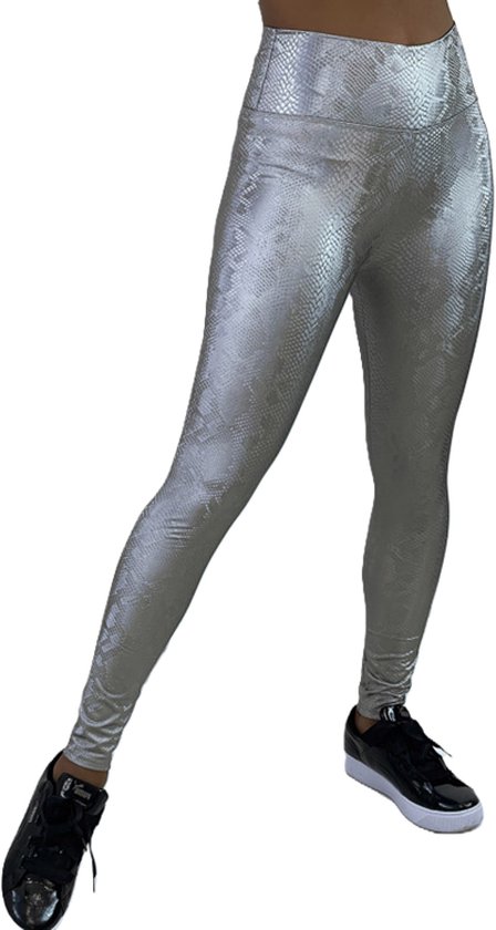 Dames Leder legging 3d print python zilver | bol