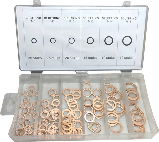 Ringenset Koper 110 delig in M maten koperringen set M6 M8 M10 M12 M14 ...
