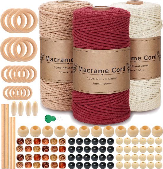 300 Meter 3mm Macramé Touw Compleet Pakket met Houten Ringen en Kralen ...