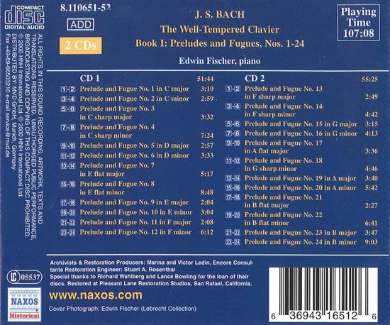 Edwin Fischer - Well-Tempered Clavier, Book 1 (2 CD), Edwin Fischer ...