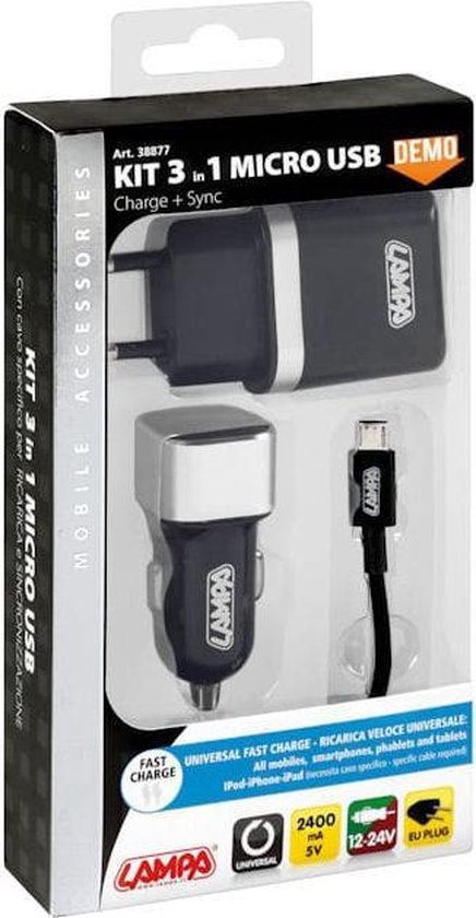 3 in 1 Lader Micro Usb 2400mA 12/24/230V | bol