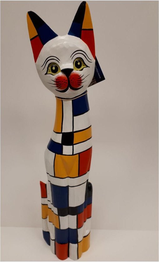 Beeld kat hout met Mondriaan-achtig design Fair trade uit Indonesië | bol