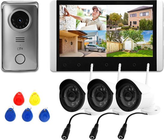 deurbel met camera, draadloos + 7″ scherm + RFID chips + 3 x ...