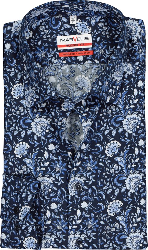 MARVELIS modern fit overhemd - mouwlengte 7 - popeline - blauw bloemen ...