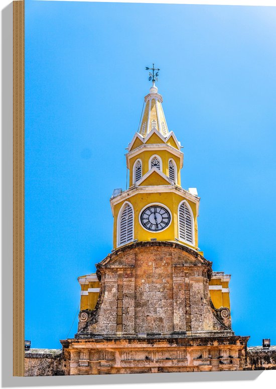 Hout - Gele Klok Toren onder Blauwe Lucht - 40x60 cm - 9 mm dik - Foto ...