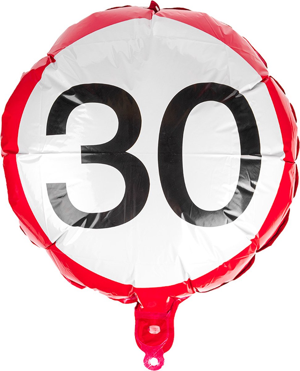 Folie ballon gekleurd | 30 jaar | 35 cm | wit | rode rand | zwarte ...