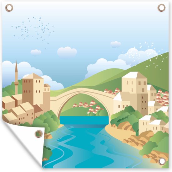 Tuin poster Een illustratie van de Stari Most - 200x200 cm - Tuindoek ...