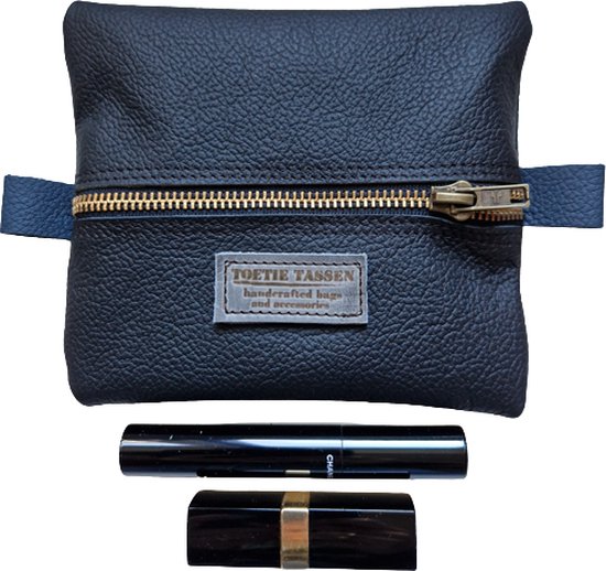 Toetie & Zo - Handgemaakte Makeuptas - Leer - Blauw - Plat model ...