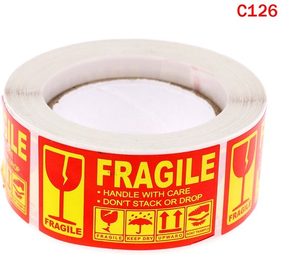 250 Fragile stickers - 2,5 x 7,6 cm - Rood Gele Breekbaar stickers ...