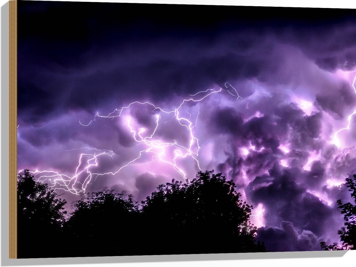 Hout - Heftige Paarse Bliksem in de Lucht boven Bomen - 80x60 cm - 9 mm ...