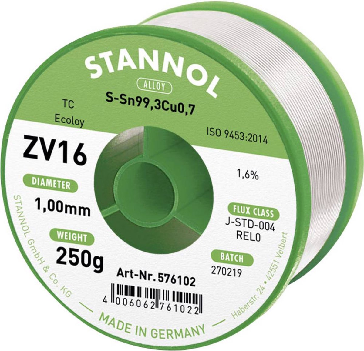 Stannol ZV16 Soldeertin, loodvrij Loodvrij Sn99,3Cu0,7 REL0 250 g 1 mm ...