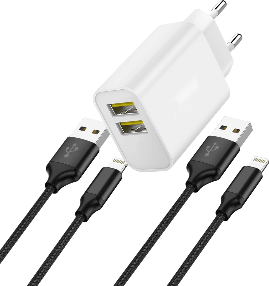 USB Oplader 2 Poorten + 2x Sterke iPhone Oplader Kabel - Snellader - 1 ...
