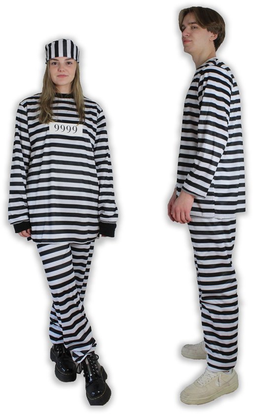 Gestreept Boevenpak met Muts – Maat M – Unisex – Zwart / Wit – Carnaval ...