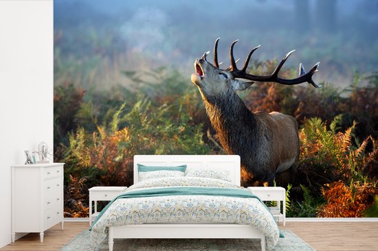 Behang - Fotobehang Hert - Bos - Mist - Breedte 450 cm x hoogte 300 cm ...