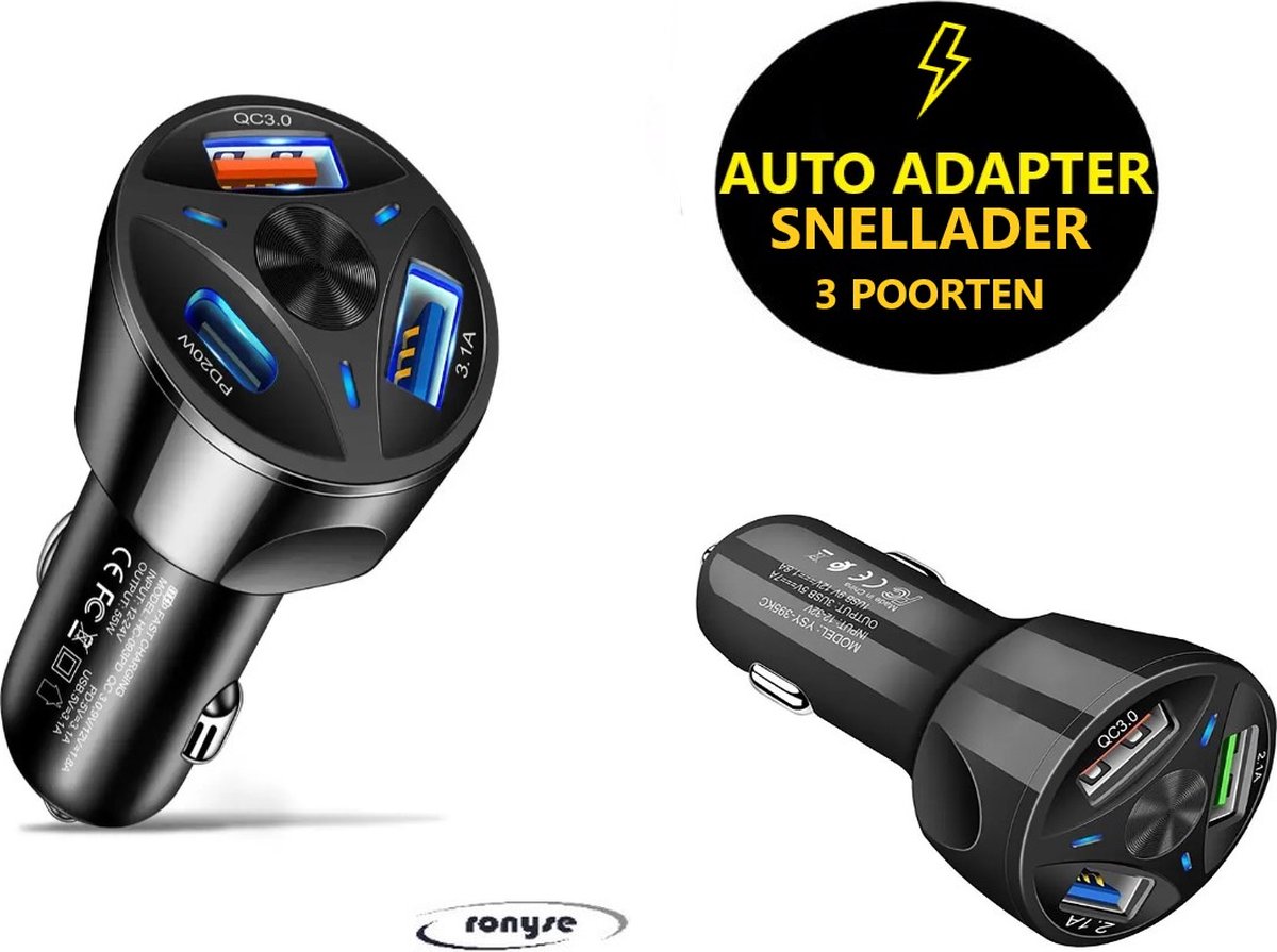 Autolader PD20W - USB Auto Adapter - 1 Stuk - 3 Poorten - Snellader ...