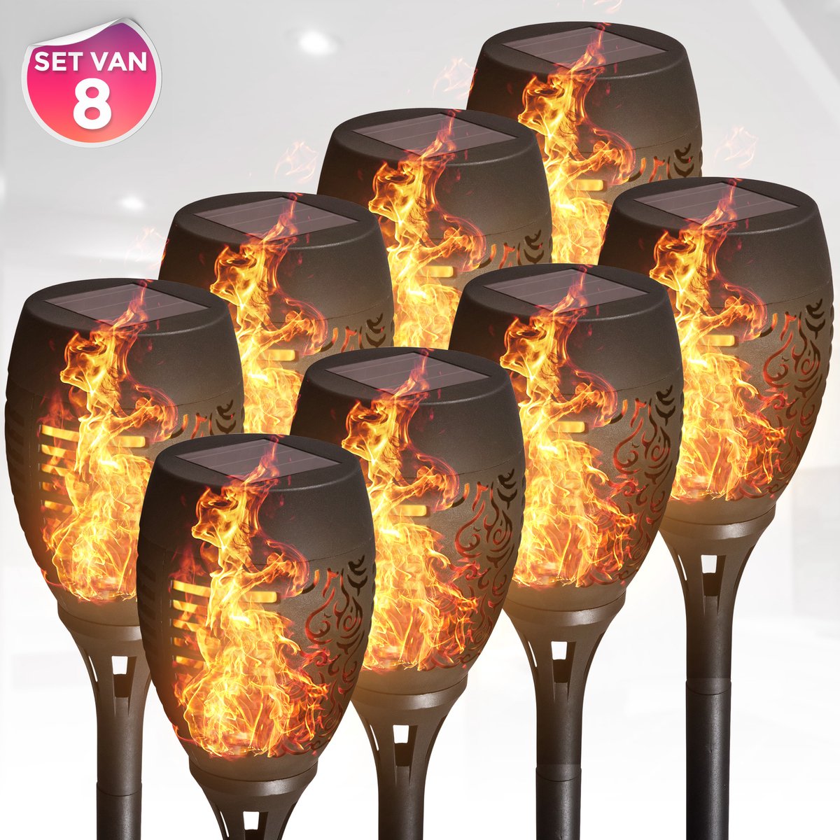 B.K.Licht - Set van 8 Fakkels - zwart - tuin verlichting - IP44 - zonne ...