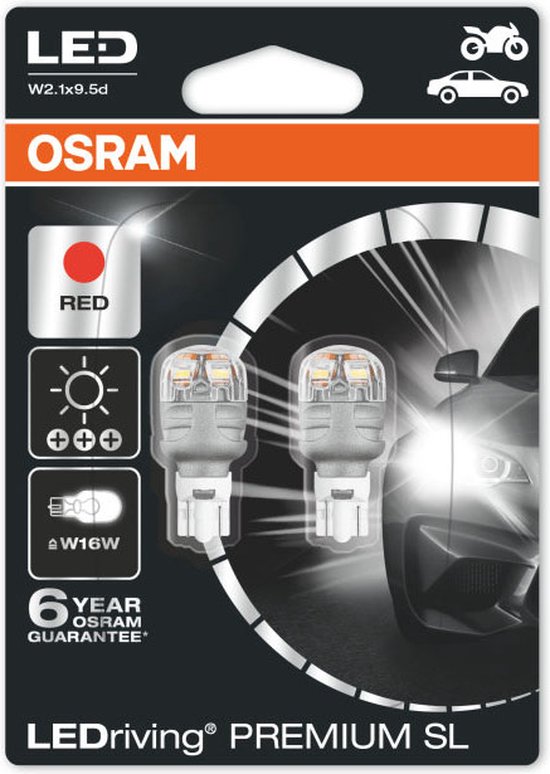 Osram W16W LED Retrofit Rood 12V W2.1x9.5d 2 Stuks | bol