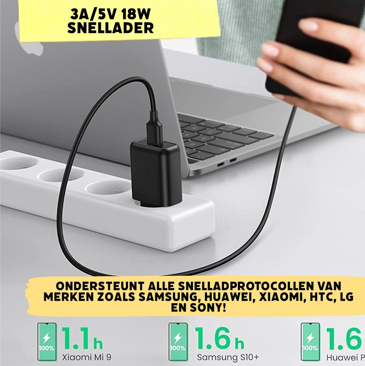 Snellader + USB-C kabel 1M met Quick Charge 3.0 - Zwart - 3A USB ...