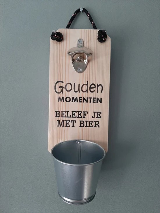 Bieropener - Wandopener - Hout - Opvangbakje - Tekst - Gouden momenten ...